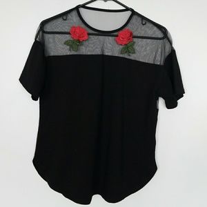 Makemechic | Tops | Rose Embroidered Mesh Top | Poshmark